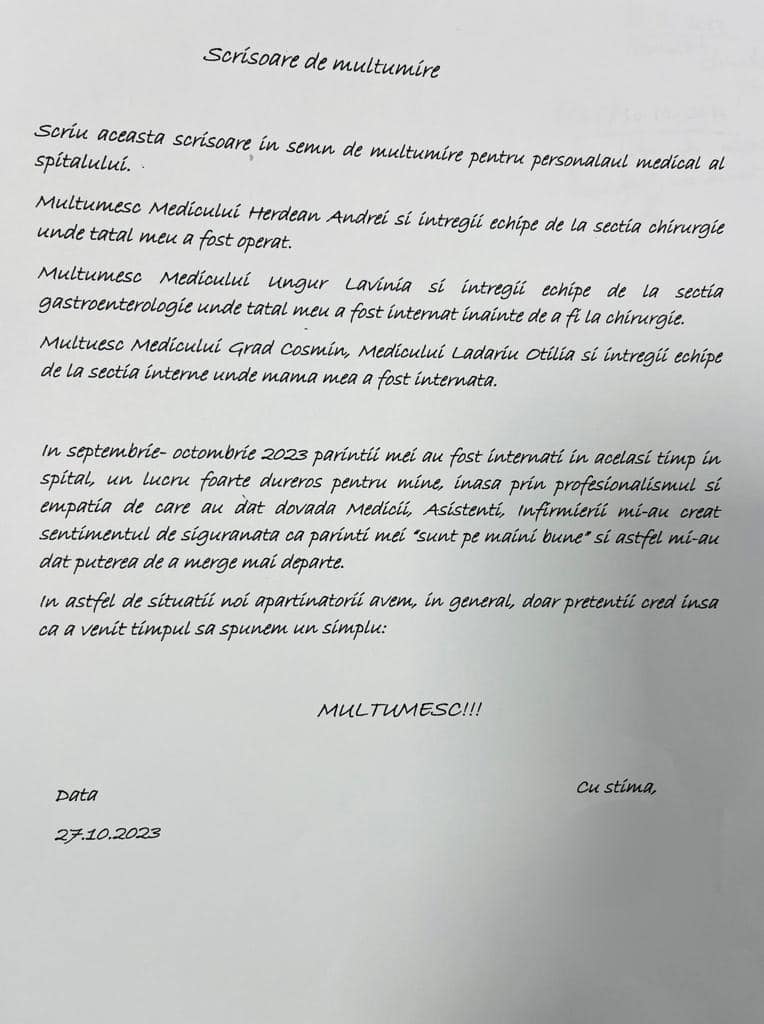 Scrisoare de mulțumire pentru medicii Andrei Herdean, Lavinia Ungur ...